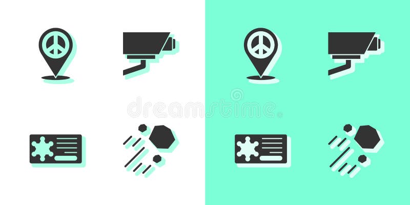 Set Flying Stone, Location Peace, Police Badge and Security Camera Icon ...