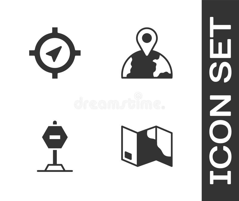 Set Folded Map, Compass, Stop Sign and Location on the Globe Icon ...