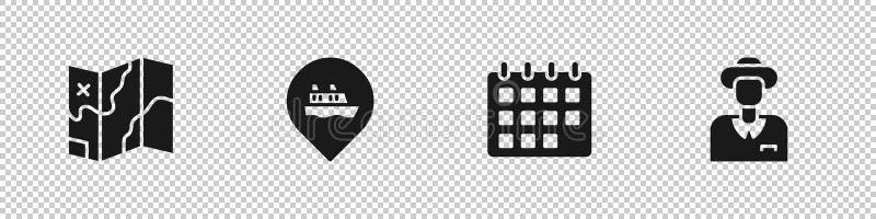 Set Folded Map, Location with Cruise Ship, Calendar and Tourist Icon ...