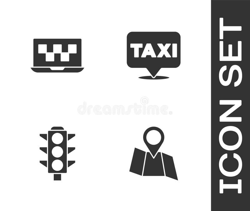 Set Folded Map with Location, Laptop Call Taxi Service, Traffic Light ...