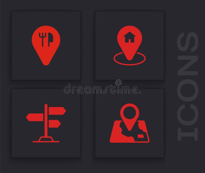 Set Folded Map with Location Marker, Cafe and Restaurant, Location ...