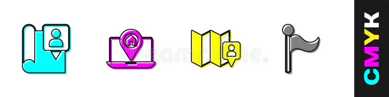 Set Folded Map with Location Marker, City Navigation, and Flag Icon ...