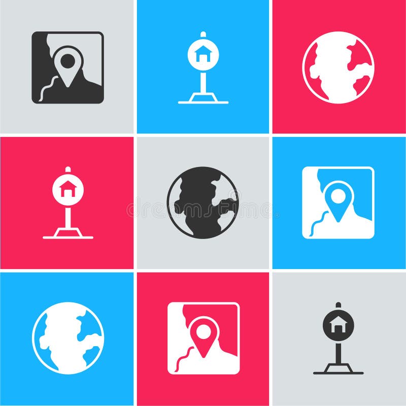 Set Folded Map with Location Marker, Hotel Sign for Traffic and Earth ...