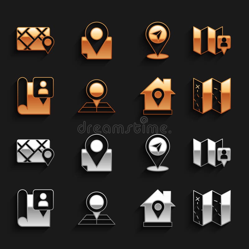 Set Folded Map with Location Marker, Location House, Map Pin, Gps ...