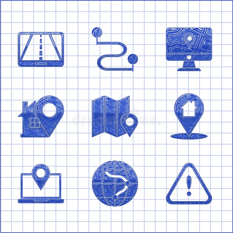 Set Folded Map with Location Marker, Location the Globe, Exclamation in ...