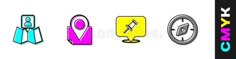 Set Folded Map with Location Marker, Push Pin and Compass Icon. Vector ...