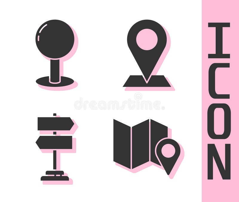 Set Folded Map with Location Marker, Push Pin, Road Traffic Sign and ...