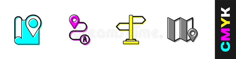 Set Folded Map with Location Marker, Route, Road Traffic Sign and Icon ...