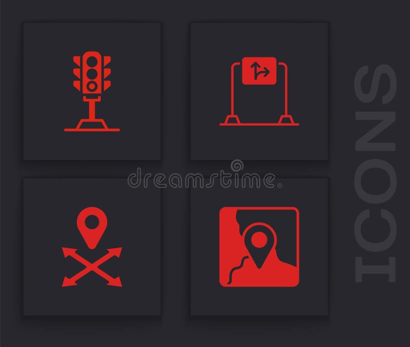 Set Folded Map with Location Marker, Traffic Light, Road Traffic Sign ...