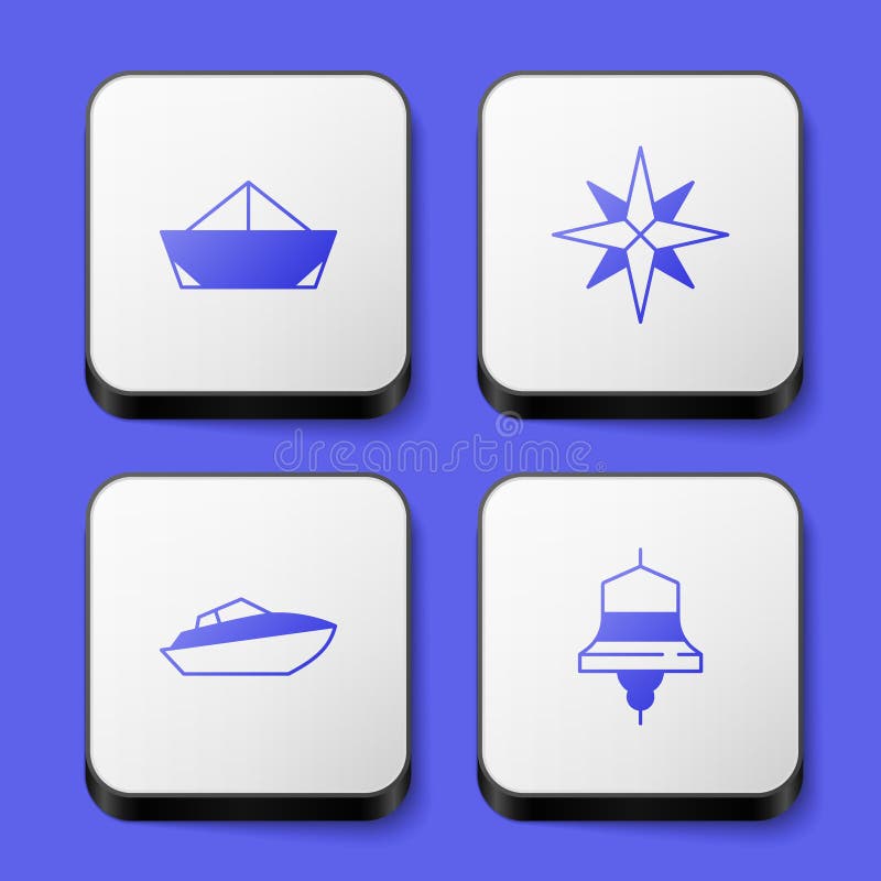Set Folded Paper Boat, Wind Rose, Speedboat and Ship Bell Icon. White ...