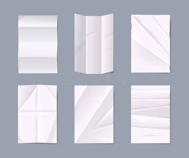 Set of Folded and Wrinkled Paper Sheets. Realistic White Empty Mockups ...