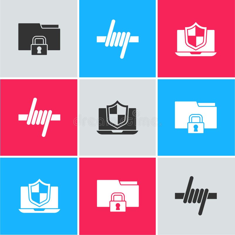 Set Folder and Lock, Barbed Wire and Laptop Protected with Shield Icon ... Set Folder and Lock, Barbed Wire and Laptop Protected with Shield Icon ...