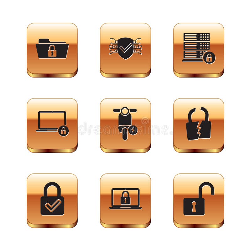 Set Folder and Lock, Lock Check Mark, Laptop, Electric Scooter, and ... Set Folder and Lock, Lock Check Mark, Laptop, Electric Scooter, and ...