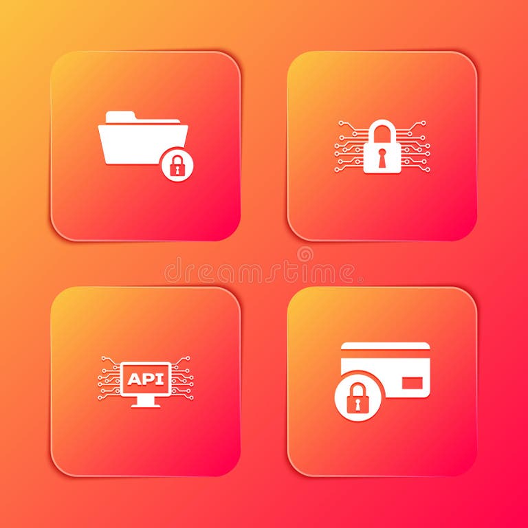 Set Folder and Lock, Cyber Security, Computer Api Interface and Credit Card with Icon. Vector ...