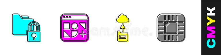 Set Folder and Lock, Different Files, Cloud Technology Data Transfer and Processor with CPU Icon ...