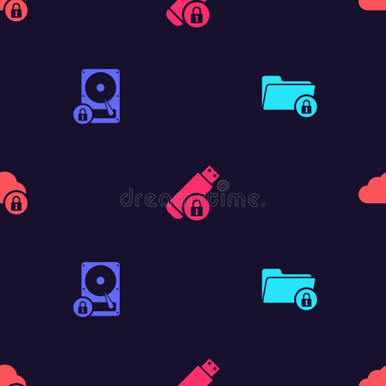 Set Folder and Lock, Hard Disk Drive, USB Flash with and Cloud Computing on Seamless Pattern ...