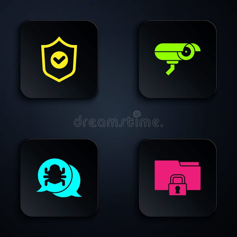 Set Folder and Lock, Shield with Check Mark, System Bug and Security Camera. Black Square Button ...