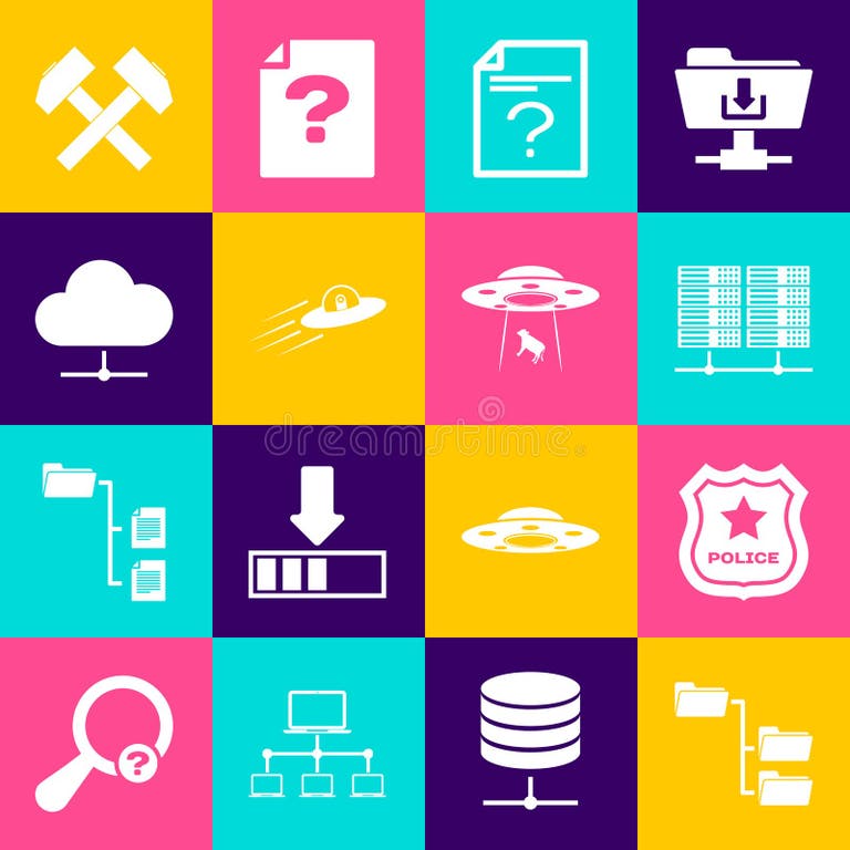 Set Folder Tree Police Badge Server Data Web Hosting Unknown Document Ufo Flying Spaceship