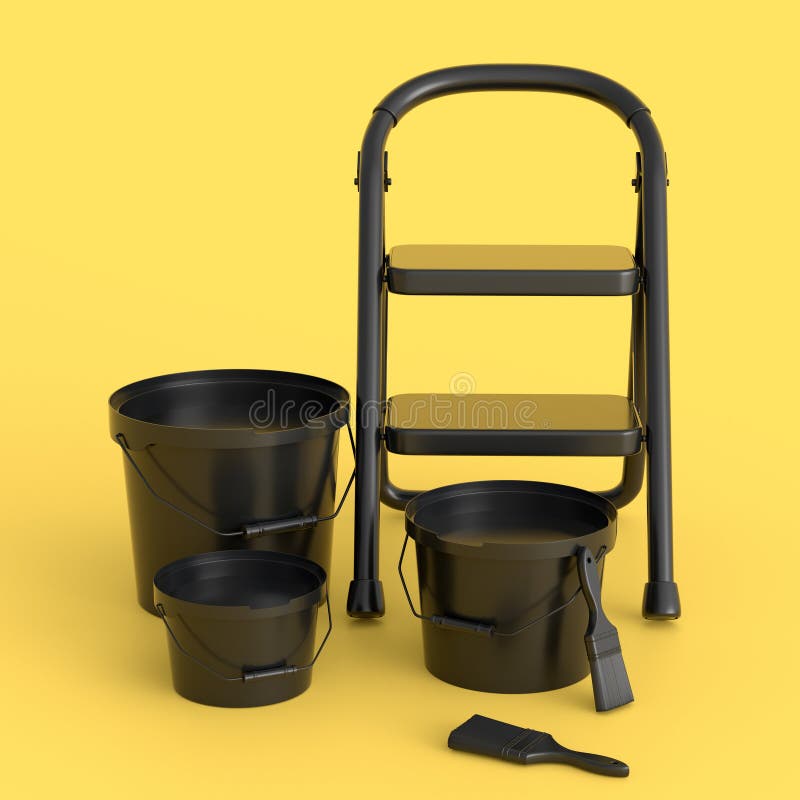 Set of Folding Ladder, Bucket with Paint Rollers and Brushes on ...