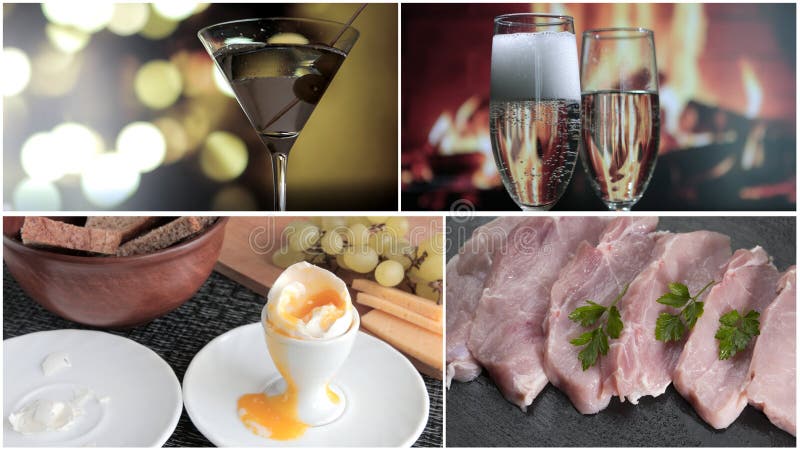 Set of Food and Alcohol: Meat, Eggs, Martini, Champagne Stock Image ...