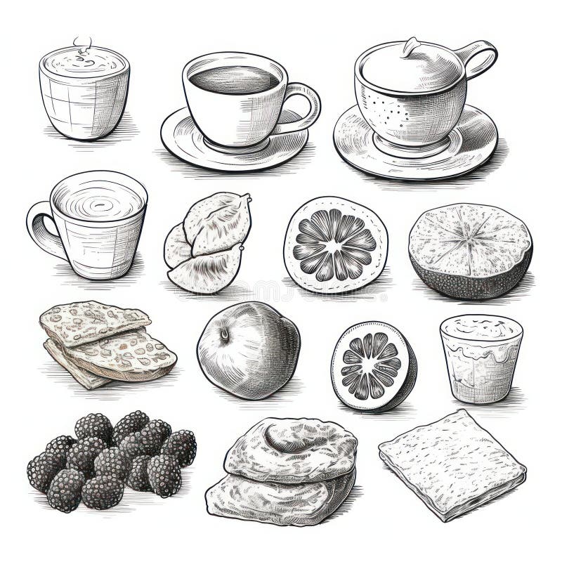 Set of Food and Drinks Painted Icons. Breakfast Symbols for Menu ...