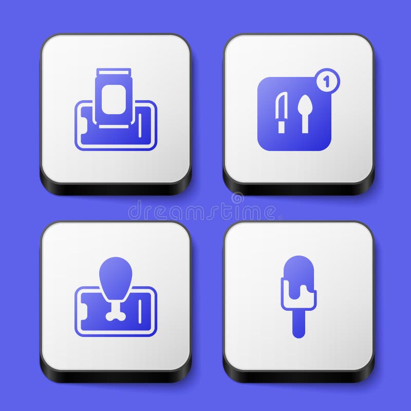 Set Food Ordering on Mobile, and Ice Cream Icon. White Square Button ...