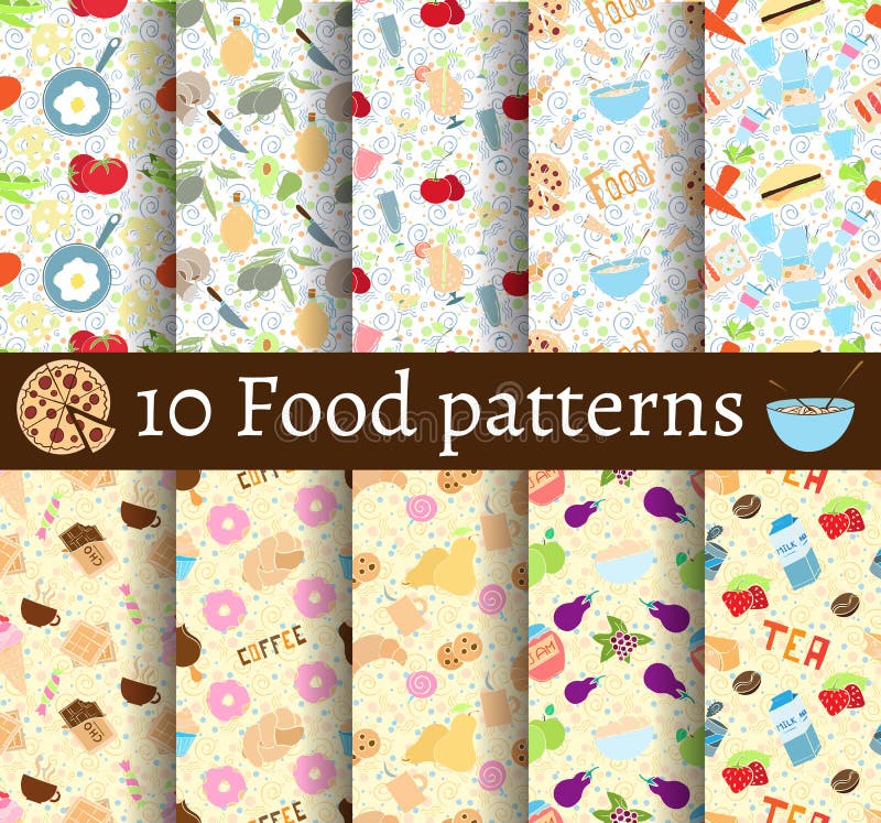 Set of 10 Food Seamless Patterns Stock Vector - Illustration of doodle ...