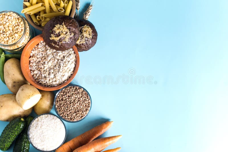 A Set of Foods Containing Complex Carbohydrates in Close-up Stock Photo ...