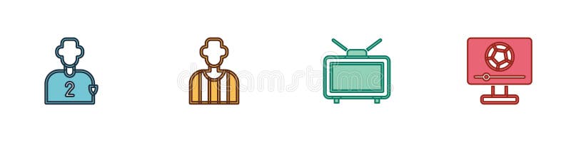 Set Football or Soccer Player, Referee, Match on TV and Icon. Vector ...