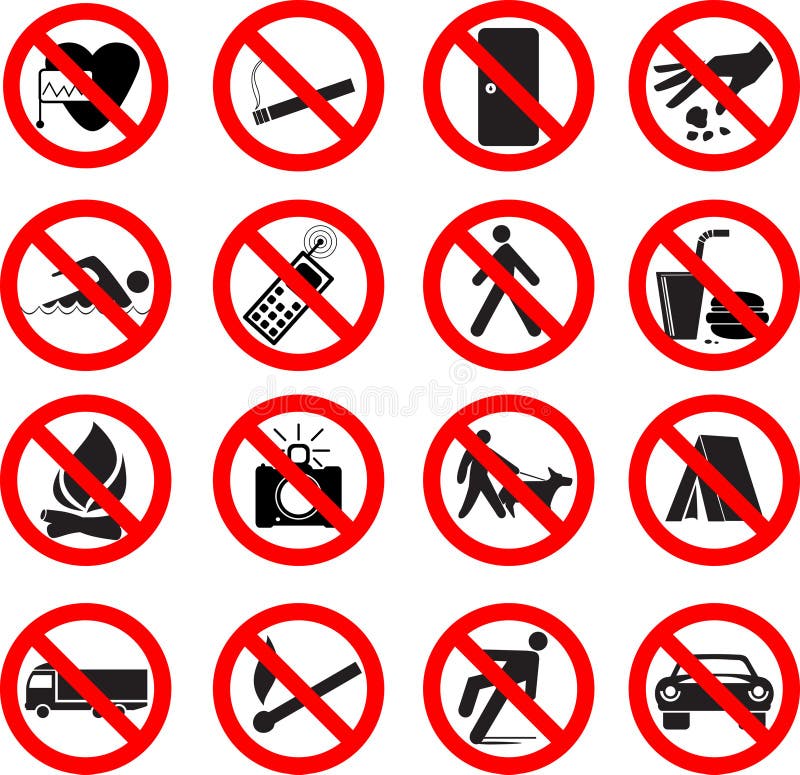 Set of Safety Signs, Prohibition Icons for Buildings Applications. ISO ...