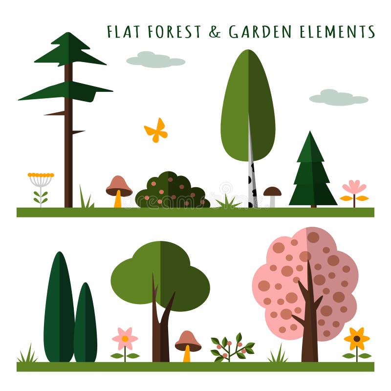 Set of Forest and Garden Elements, Flat Design, Isolated Stock Vector ...