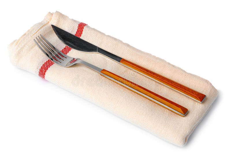 Set of Fork and Knife on Towel. Isolated on White Background. Stock ...