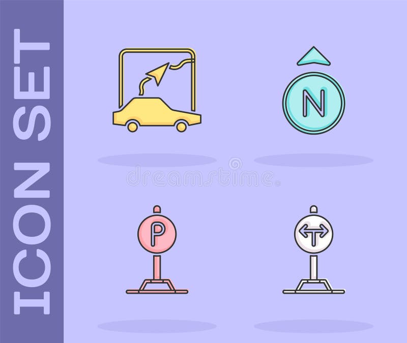 Set Fork in the Road, City Map Navigation, Parking and Compass Icon ...