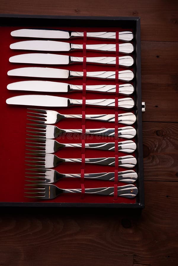 Set of Forks and Knifes in a Case Stock Image - Image of antique ...