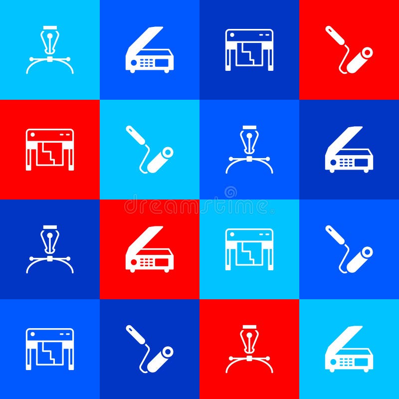 Set Fountain Pen Nib, Scanner, Plotter and Paint Roller Brush Icon ...