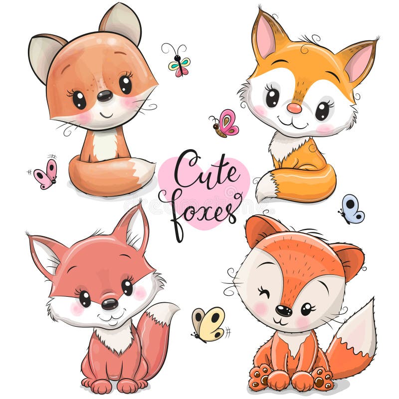 Set of Four Adorable Cartoon Foxes Stock Vector - Illustration of ...