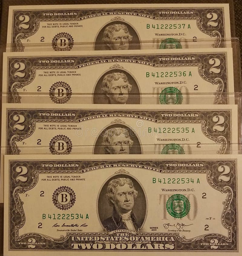 Set of Four $2 Bills, Uncirculated, Sequential Serial Numbers Stock ...