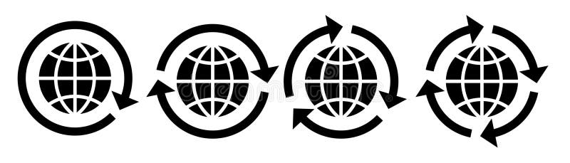 Set of Four Black Globe Icons with Circular Arrows, Symbolizing Global ...
