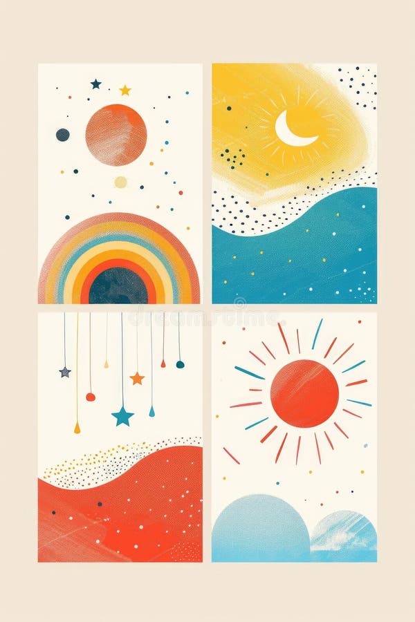 A Set of Four Cards Featuring a Sun, Moon, and Stars. Perfect for ...