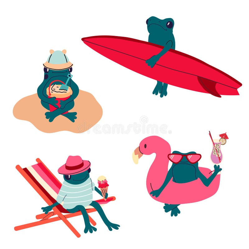 A Set of Four Cartoon Frogs in Different Beach Poses, Enjoying Summer ...