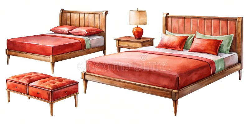 Set of Four Classic MidCentury Modern Red Beds Isolated on Transparent ...