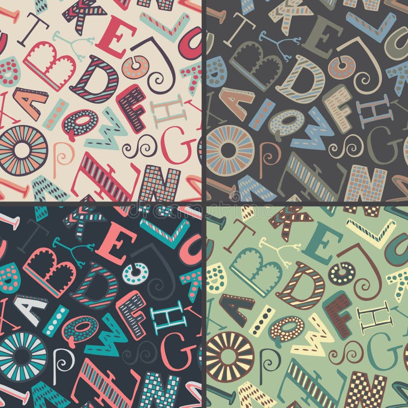 Set of Four Color Variations Seamless Patterns with Hand Drawn Fancy ...