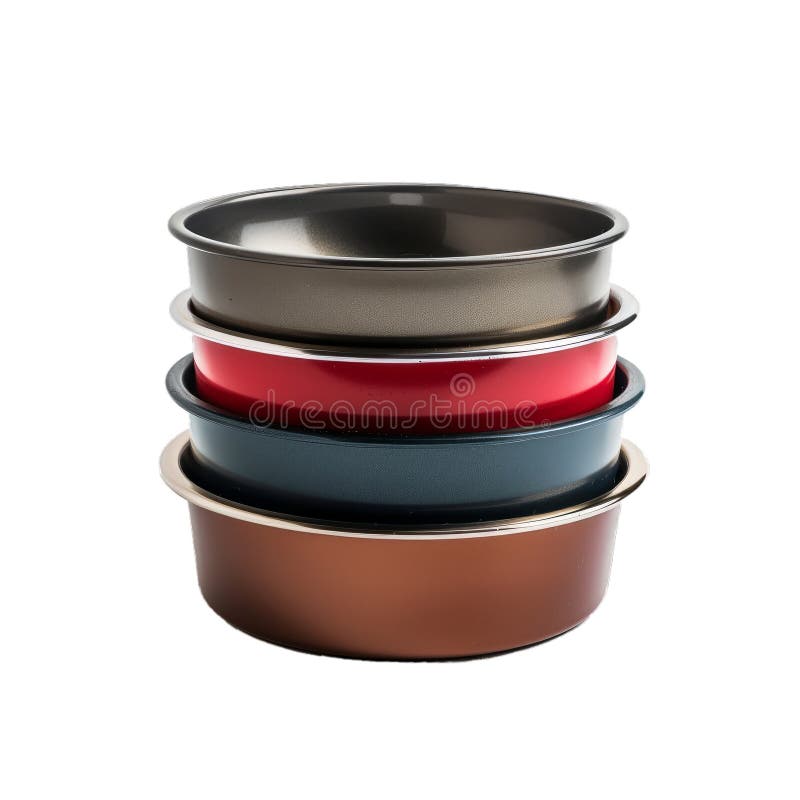 Set of Four Colorful Metallic Round Baking Pans Stacked on a White ...