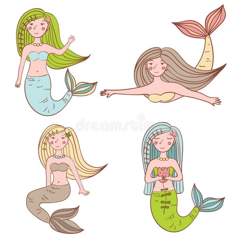Set of Four Cute Mermaids. stock vector. Illustration of mermaids ...