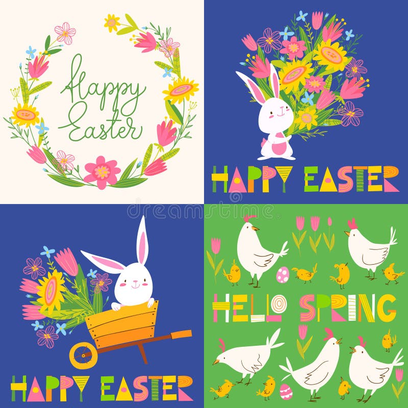 Set of Four Vector Easter Spring Cards with Rabbits, Flowers and ...