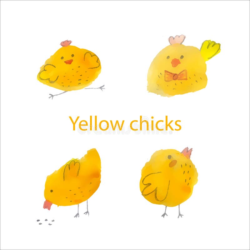 Set of Four Cute Yellow Watercolor Chickens Stock Vector - Illustration ...