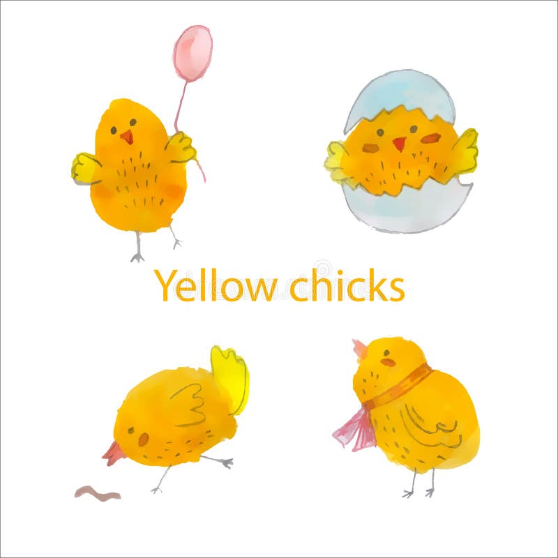Set of Four Cute Yellow Watercolor Chickens Stock Vector - Illustration ...