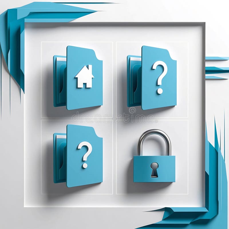 Set of Four 3D Blue Folder Icons with White Symbols Representing Home, Question, Search, and ...