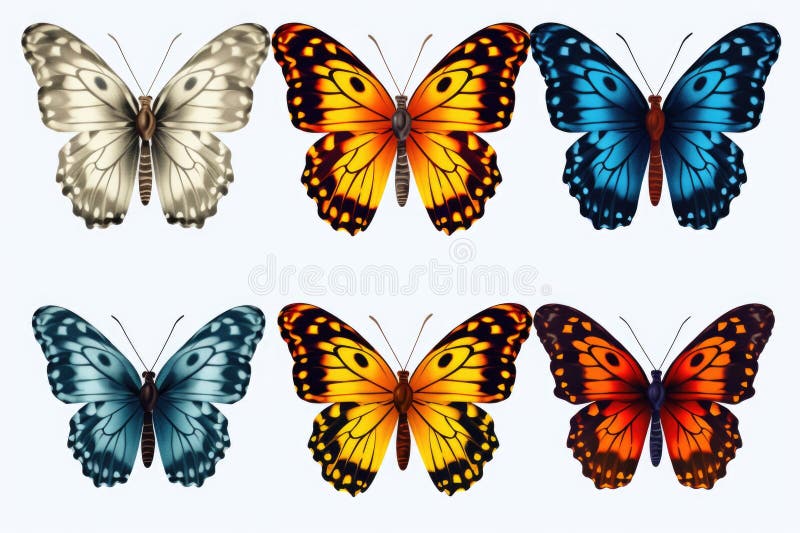A Set of Four Different Colored Butterflies on a White Background ...