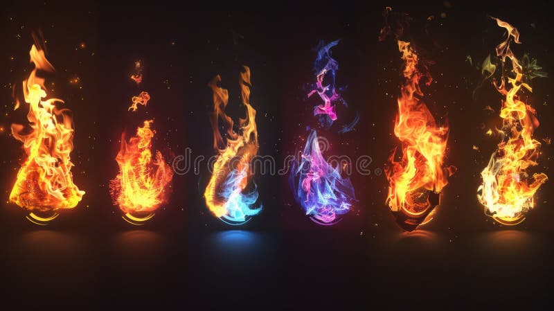 A Set of Four Different Colored Flames on a Black Background, Suitable ...